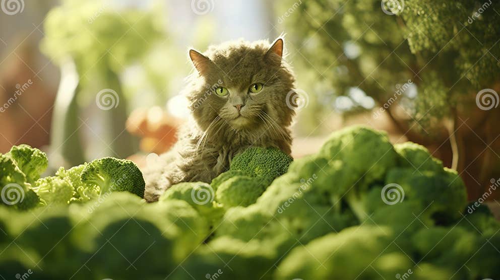 A Cat is Sitting in the Middle of a Bunch of Broccoli, AI Stock Image ...