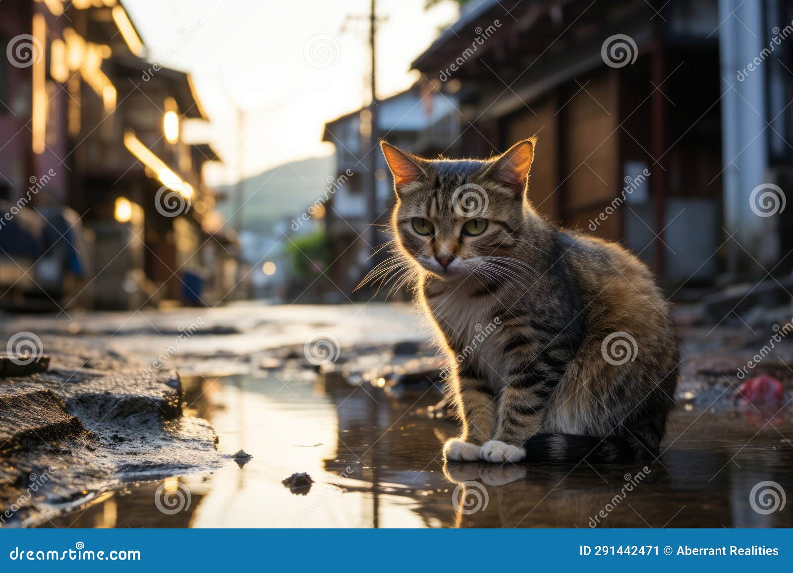 A Cat Sitting in a Puddle on the Street Stock Illustration ...
