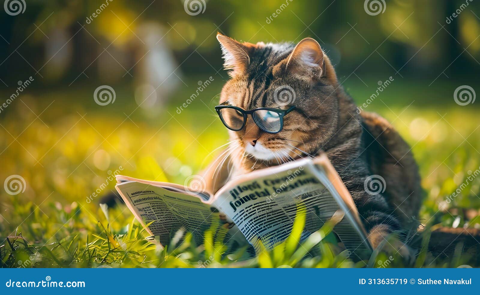 Cat Sitting and Reading Newspaper. Cat Sitting on the Grass in the Park ...