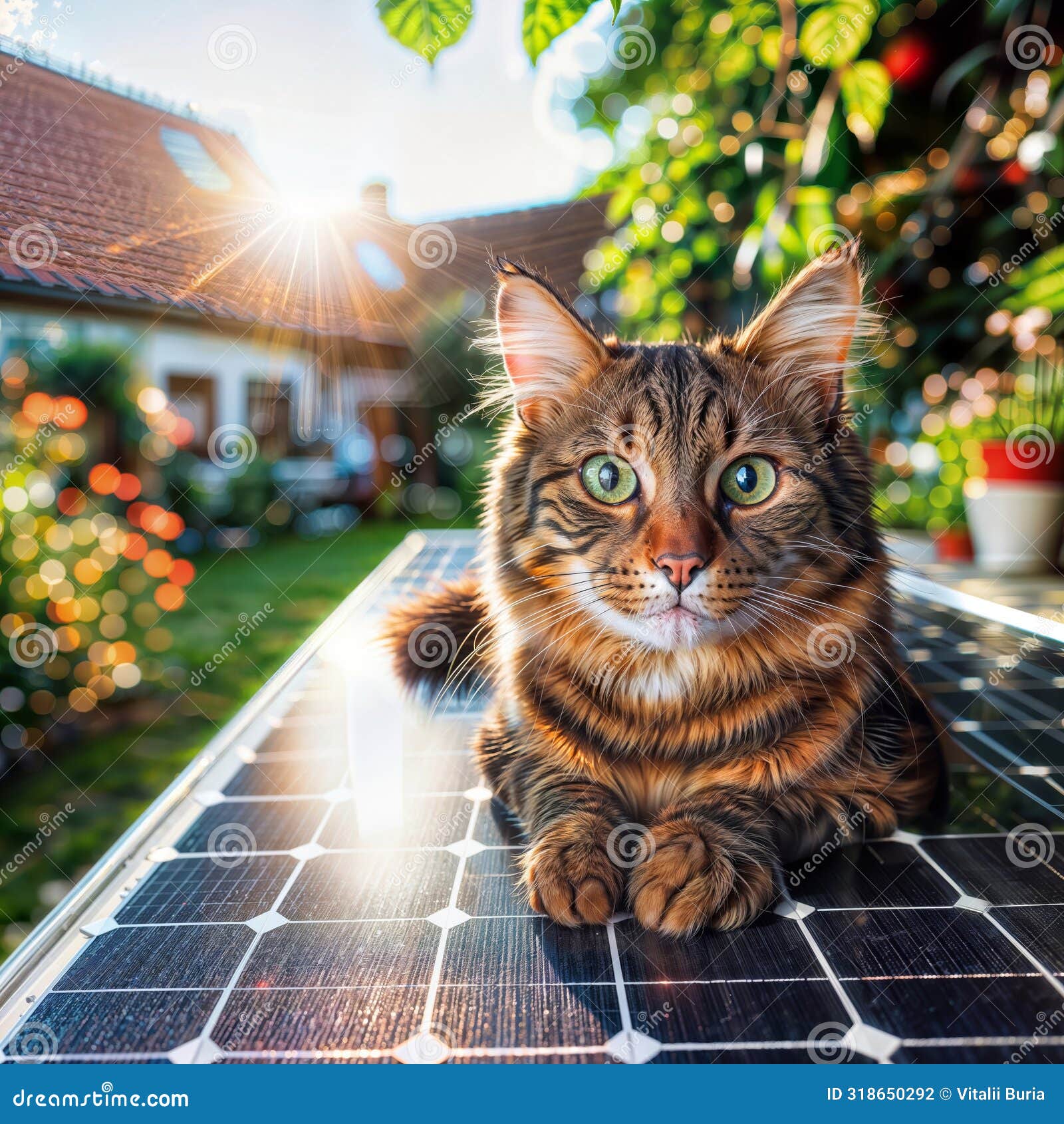 Sunbathing Kitty on Solar Panel Paradise, Generative Ai Stock ...