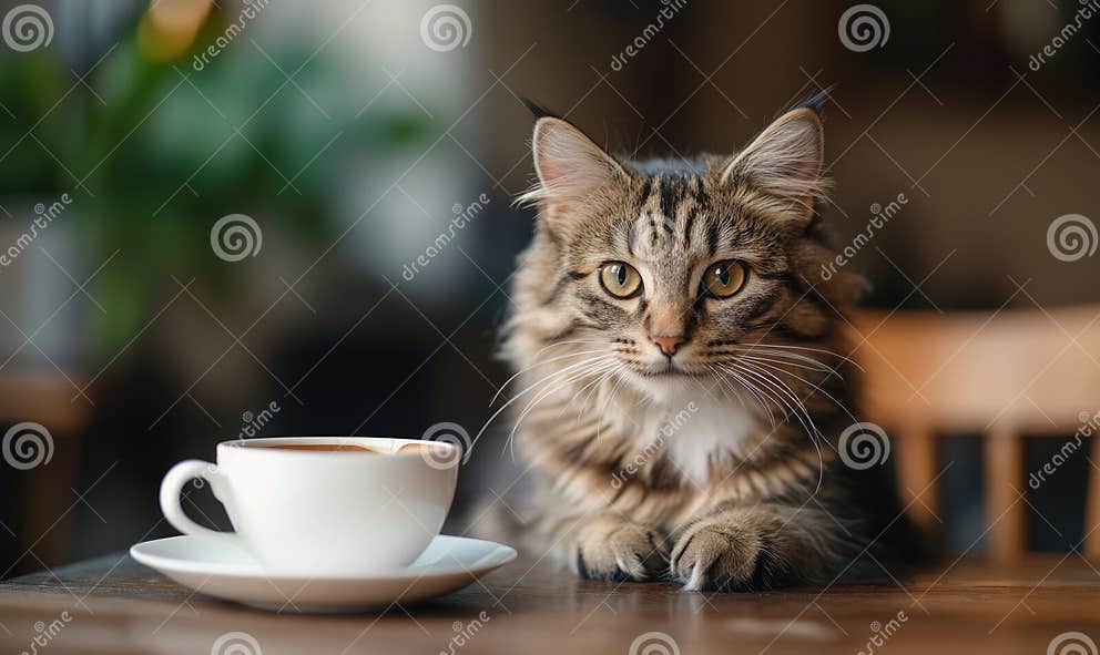 A Cat Sitting at a Table, Coffee Cup in Front Stock Image - Image of ...