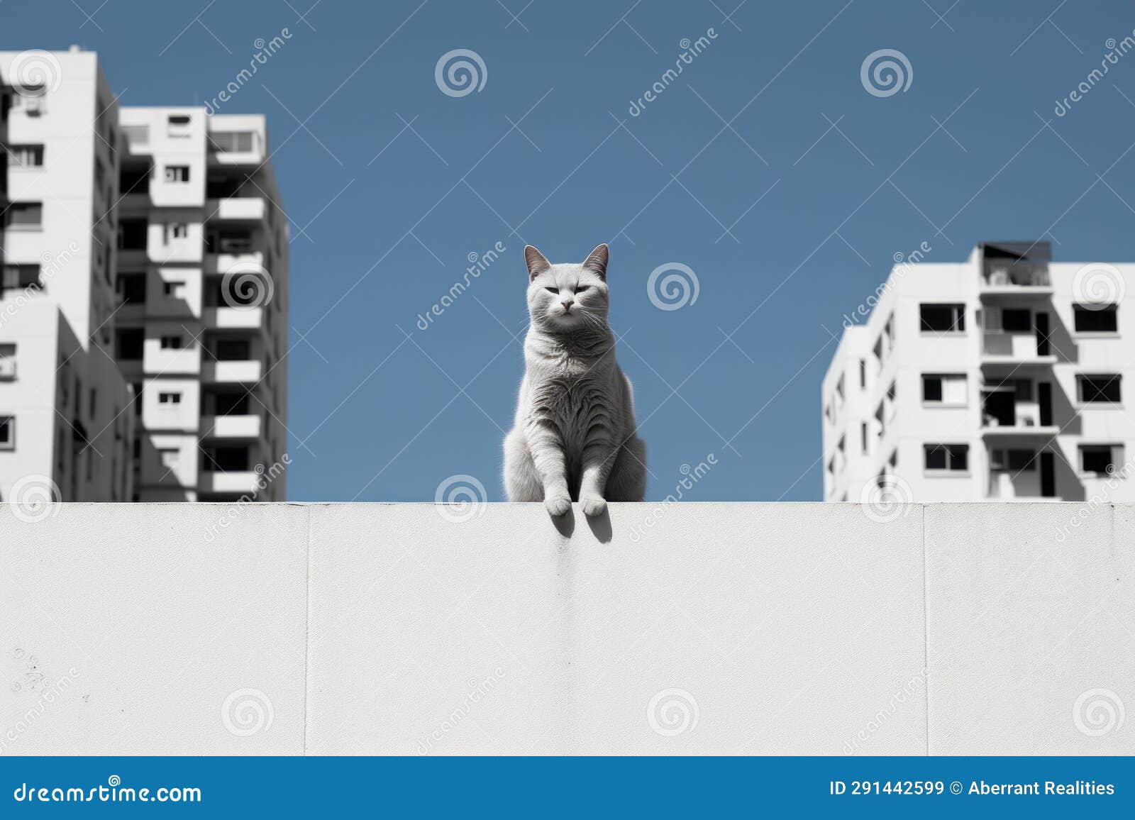 A Cat Sitting on Top of a Wall in Front of Buildings Stock Illustration ...