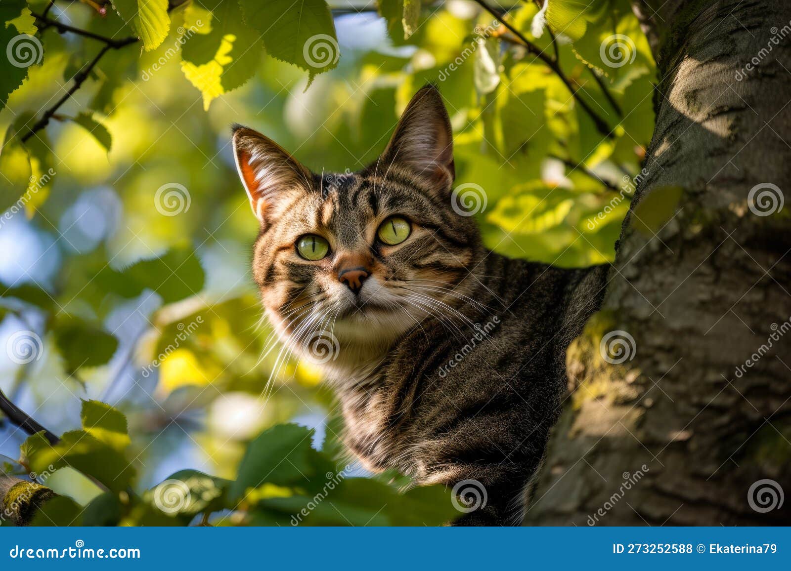 A Cat Sitting on a Tree and Surrounded by Leaves. Created with ...