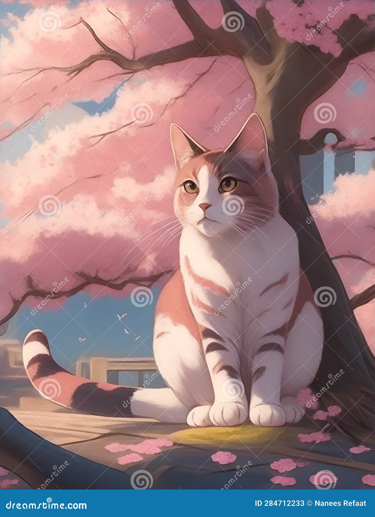 Cat Sitting Under a Sakura Tree Stock Illustration - Illustration of ...