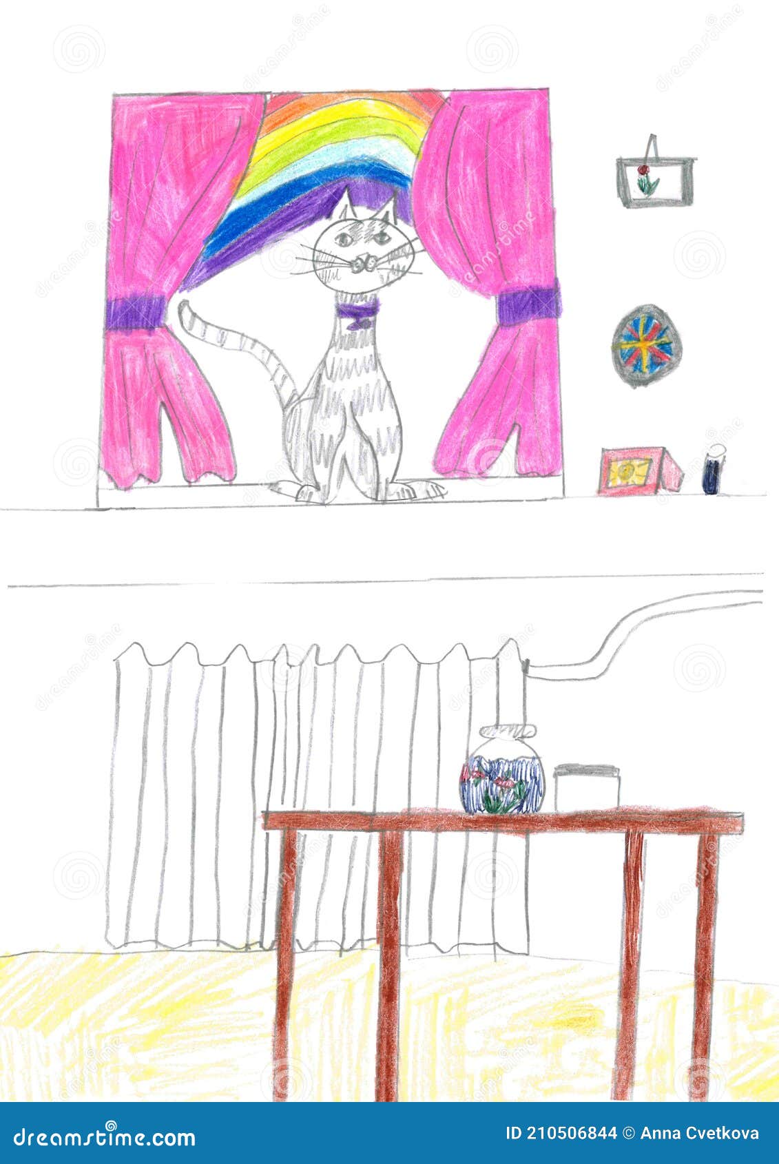 Cat Sitting on Window Sill. Kid`s Drawing Stock Illustration ...