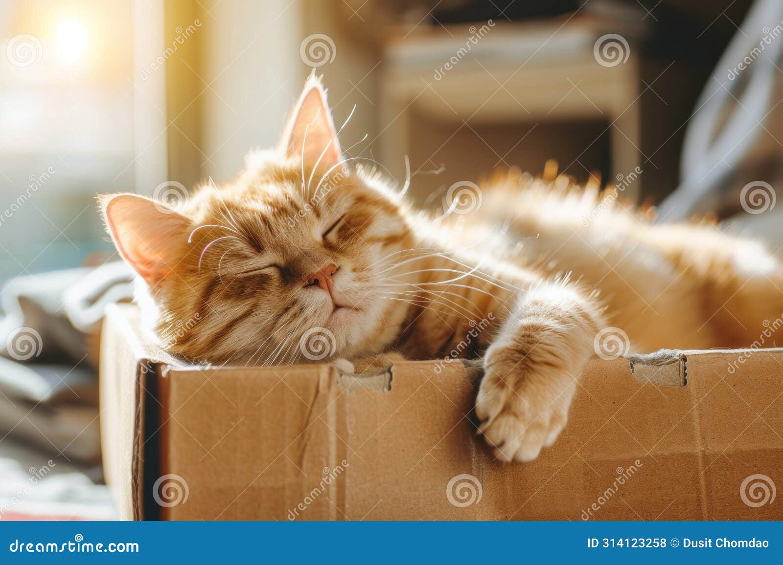A Cat is Sleeping in a Cardboard Box Stock Photo - Image of kitten ...
