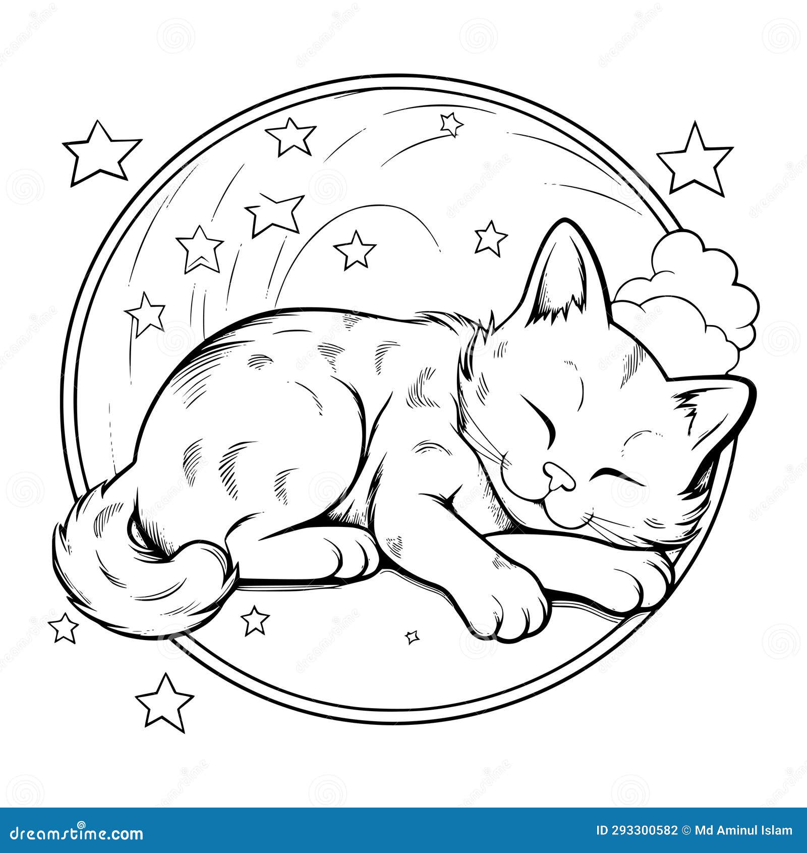 Cat Sleeping Coloring Page Drawing for Kids Stock Illustration ...