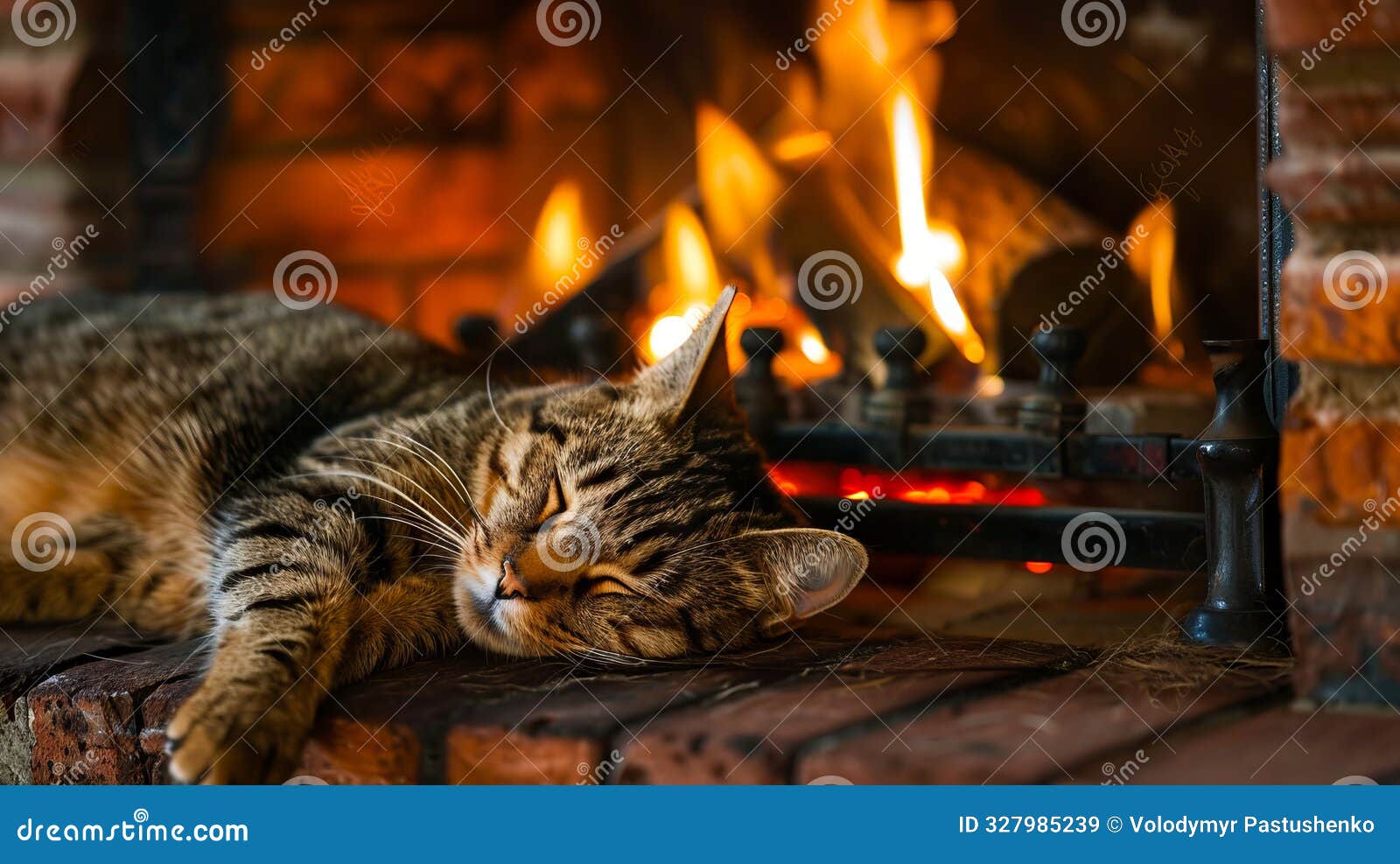 A Cat Sleeping in Front of a Fireplace Stock Image - Image of indoor ...
