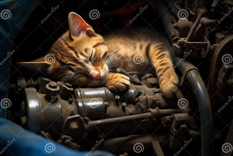Cat Sleeping Inside Warm Car Engine Stock Illustration - Illustration ...