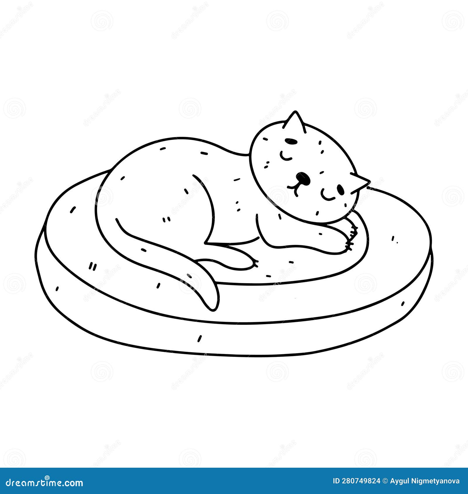 Cat Sleeping on Its Mat in Hand Drawn Doodle Style. Vector Illustration ...