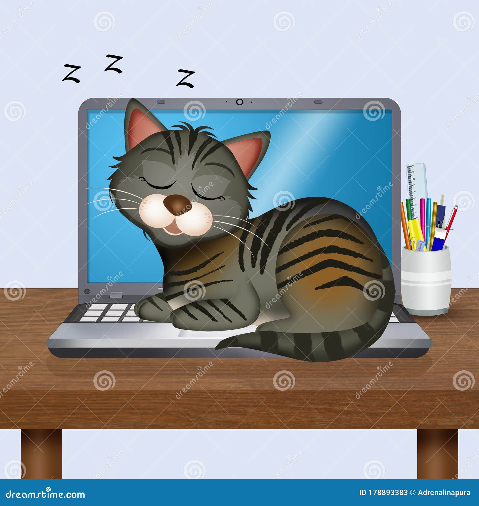 Cat sleeps on the laptop stock illustration. Illustration of computer ...