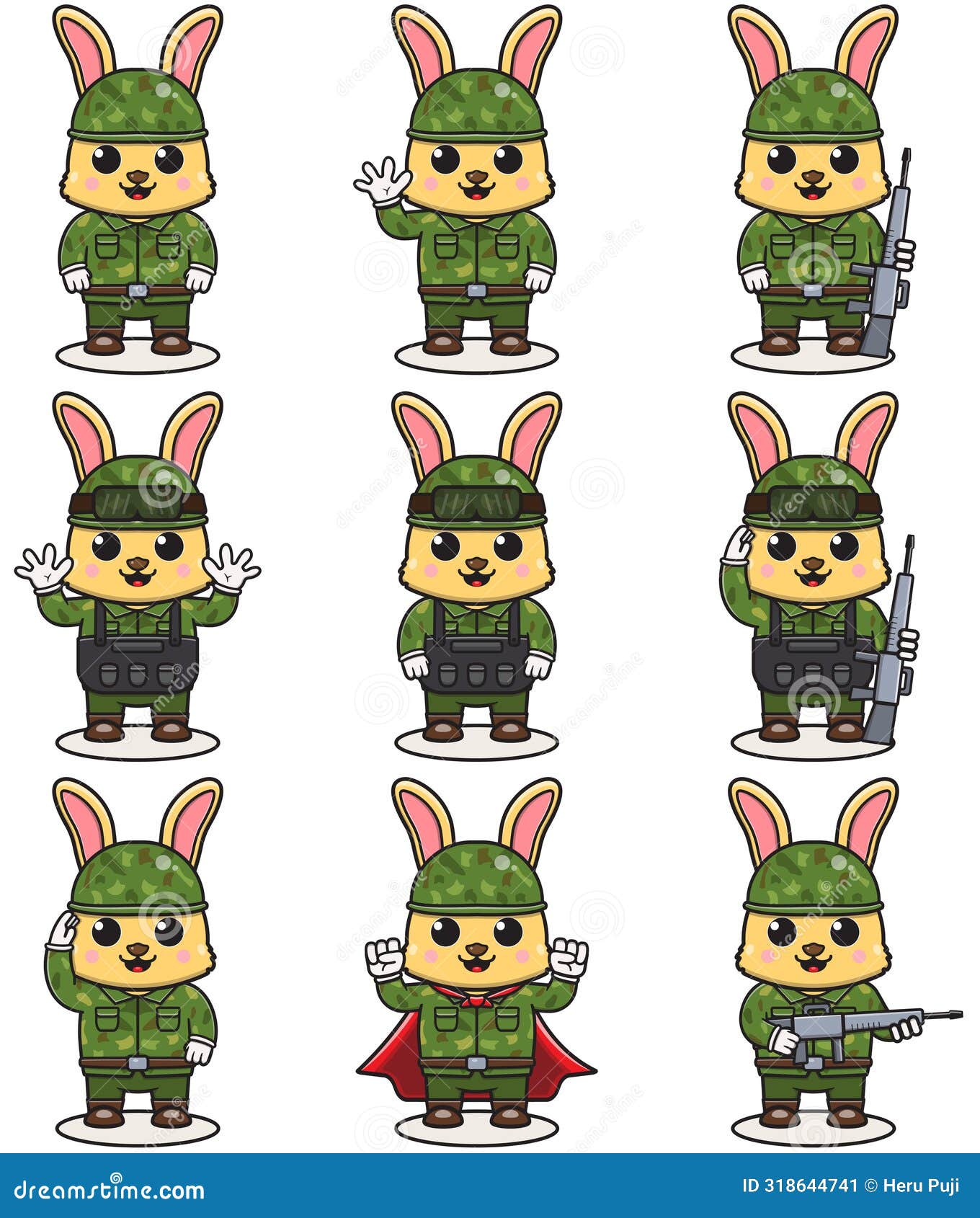 Cartoon Funny Rabbit Soldier Set Stock Vector - Illustration of ...