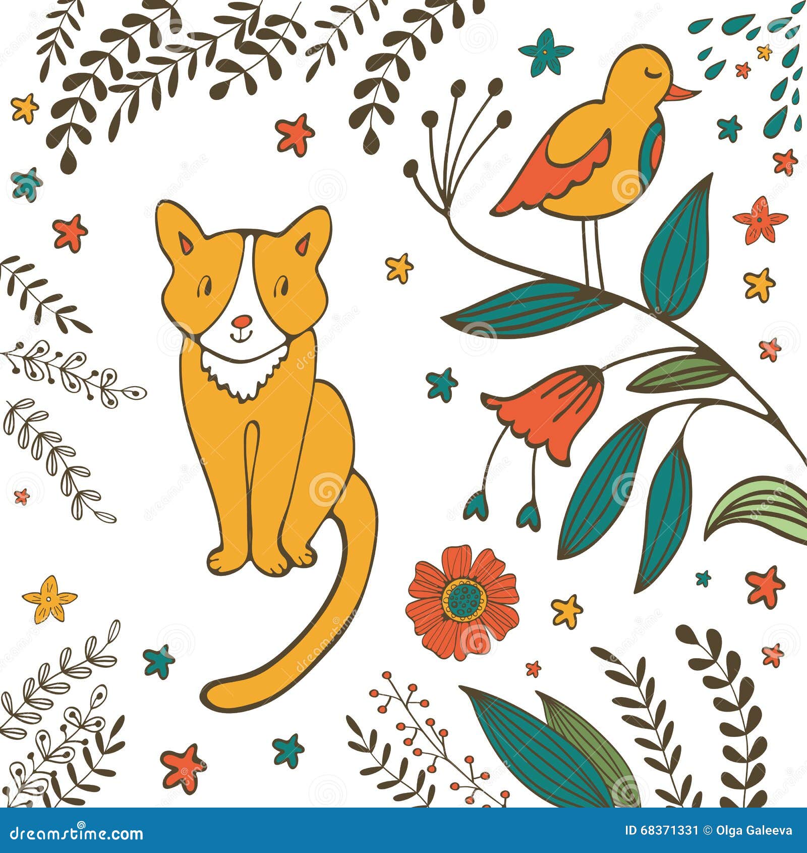 Cat in spring stock vector. Illustration of grumpy, drawing - 68371331