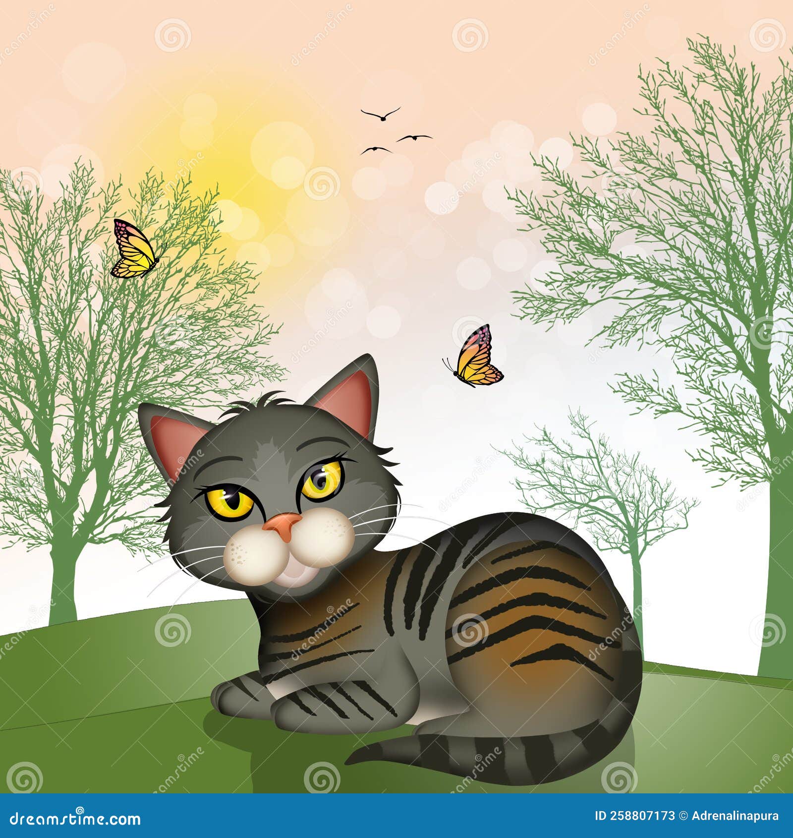 Cat in the Spring Landscape Stock Illustration - Illustration of ...