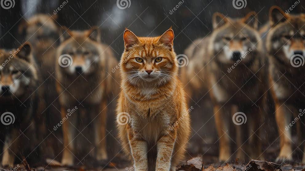 A Cat is Standing in Front of a Pack of Wolves Stock Photo - Image of ...