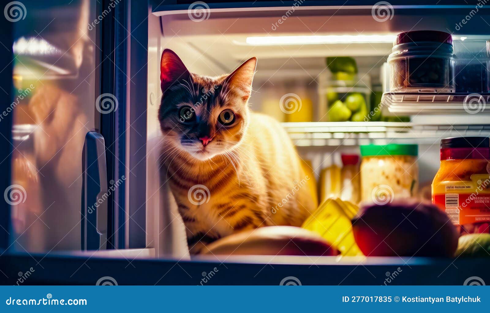 Cat Standing Inside of Refrigerator Looking at the Food in the Fridge ...