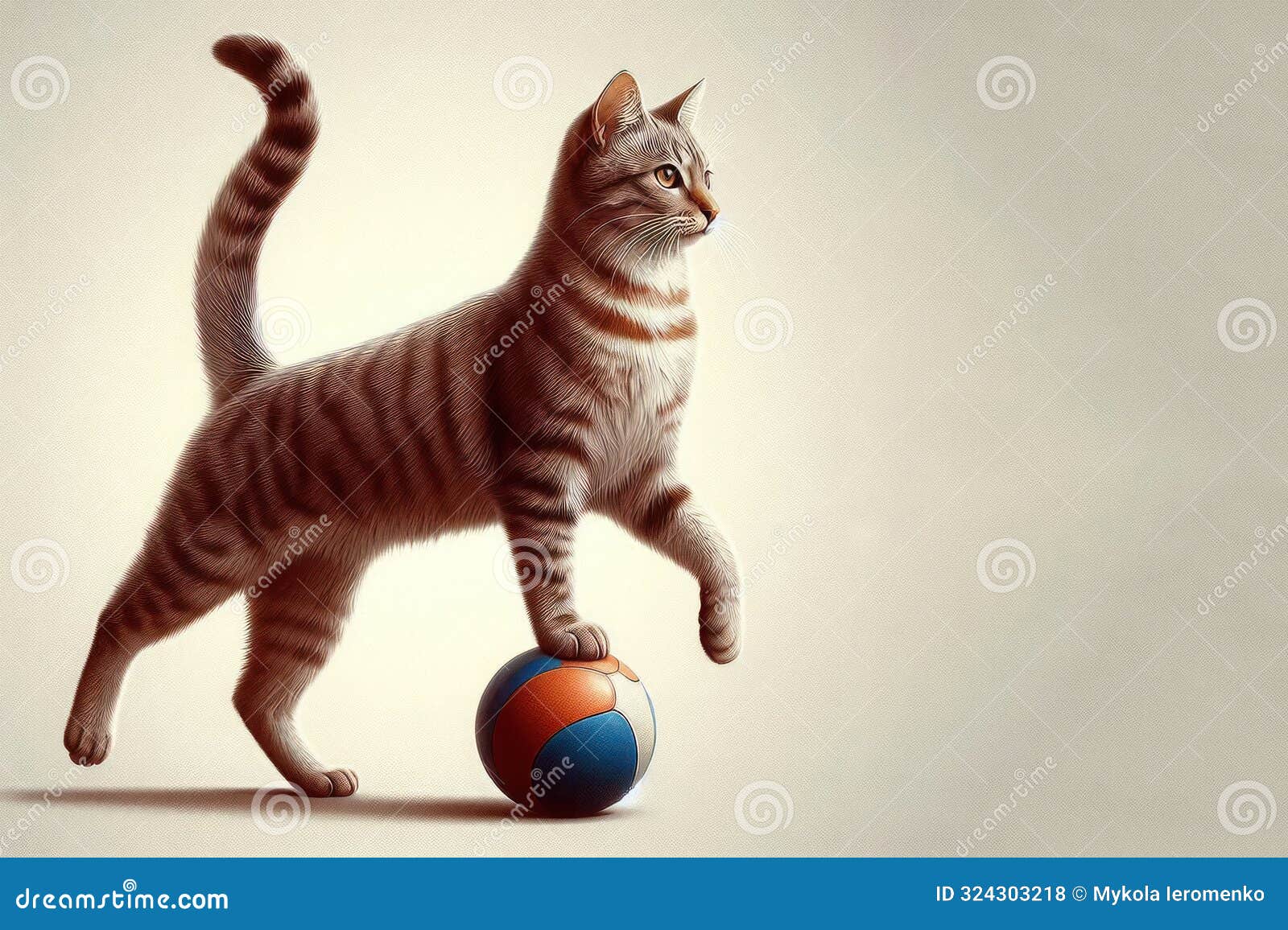 A Cat Standing with One Paw on a Ball. Space for Text. Stock Photo ...