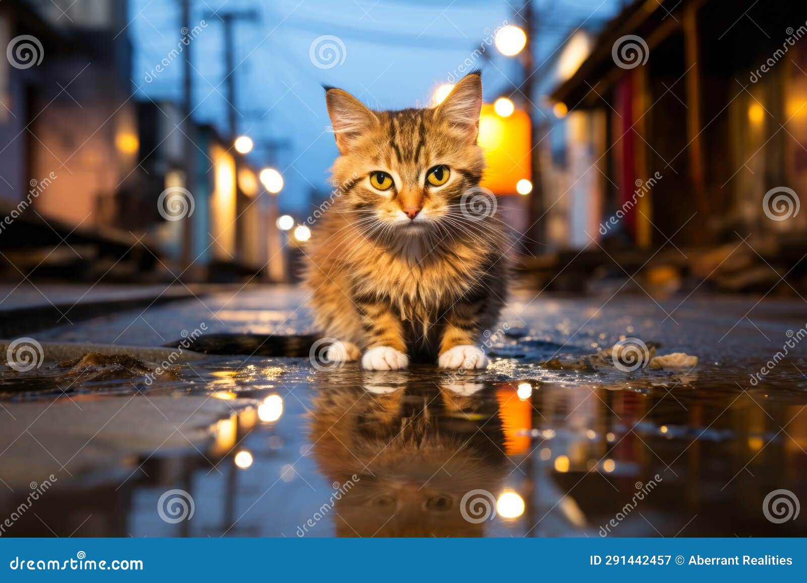 A Cat is Standing in a Puddle on a Street at Night Stock Illustration ...