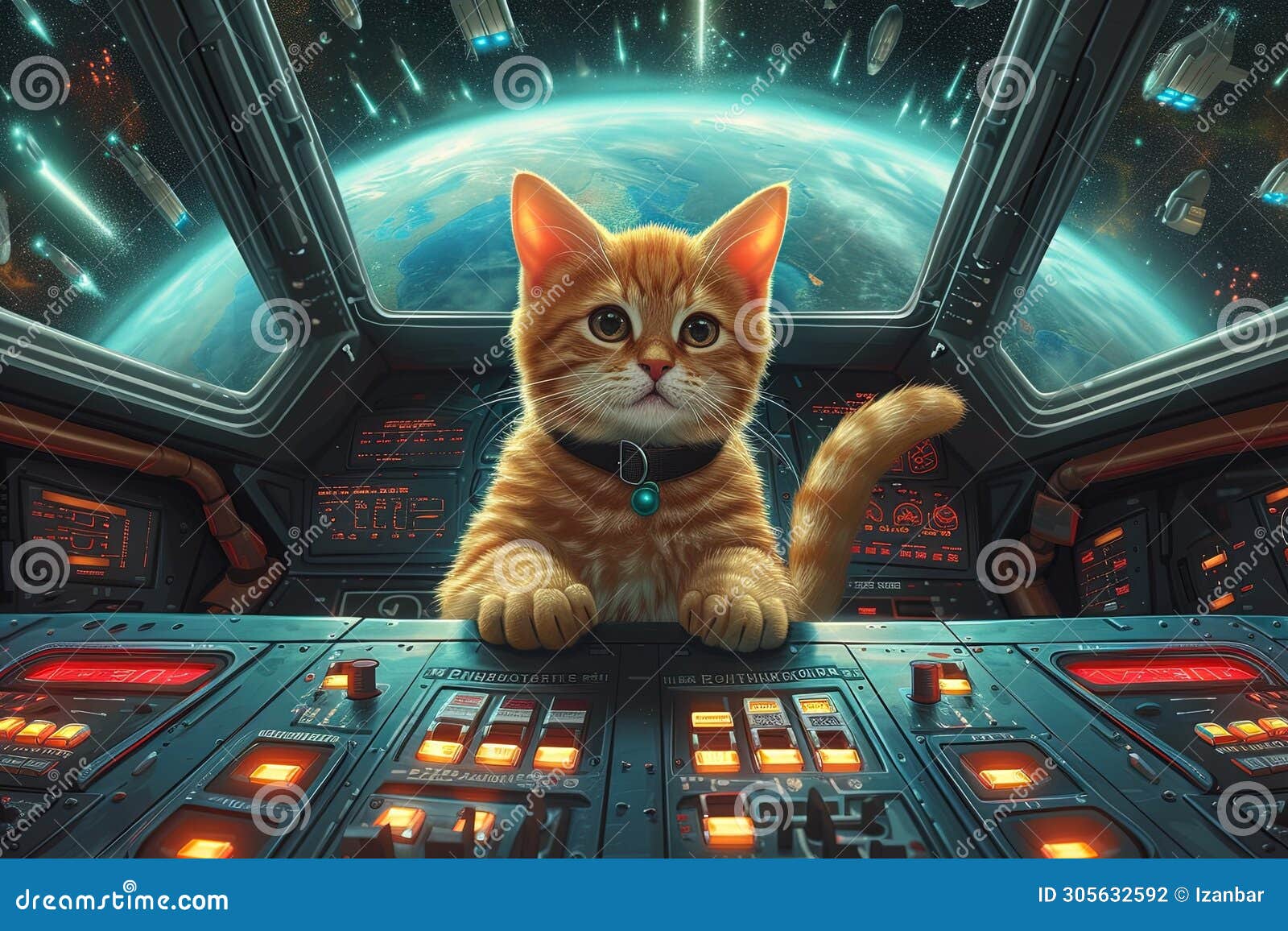 Cat on Starship Command Bridge Cartoon Generative AI Stock Illustration ...