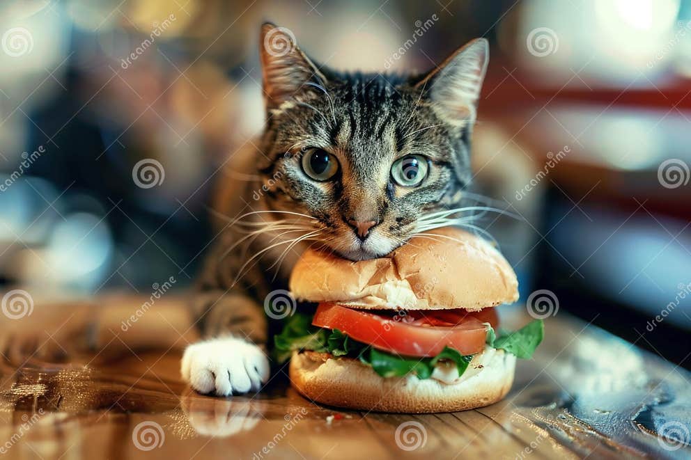 Cat Stealing Hamburger with Salad on Table Stock Image - Image of green ...