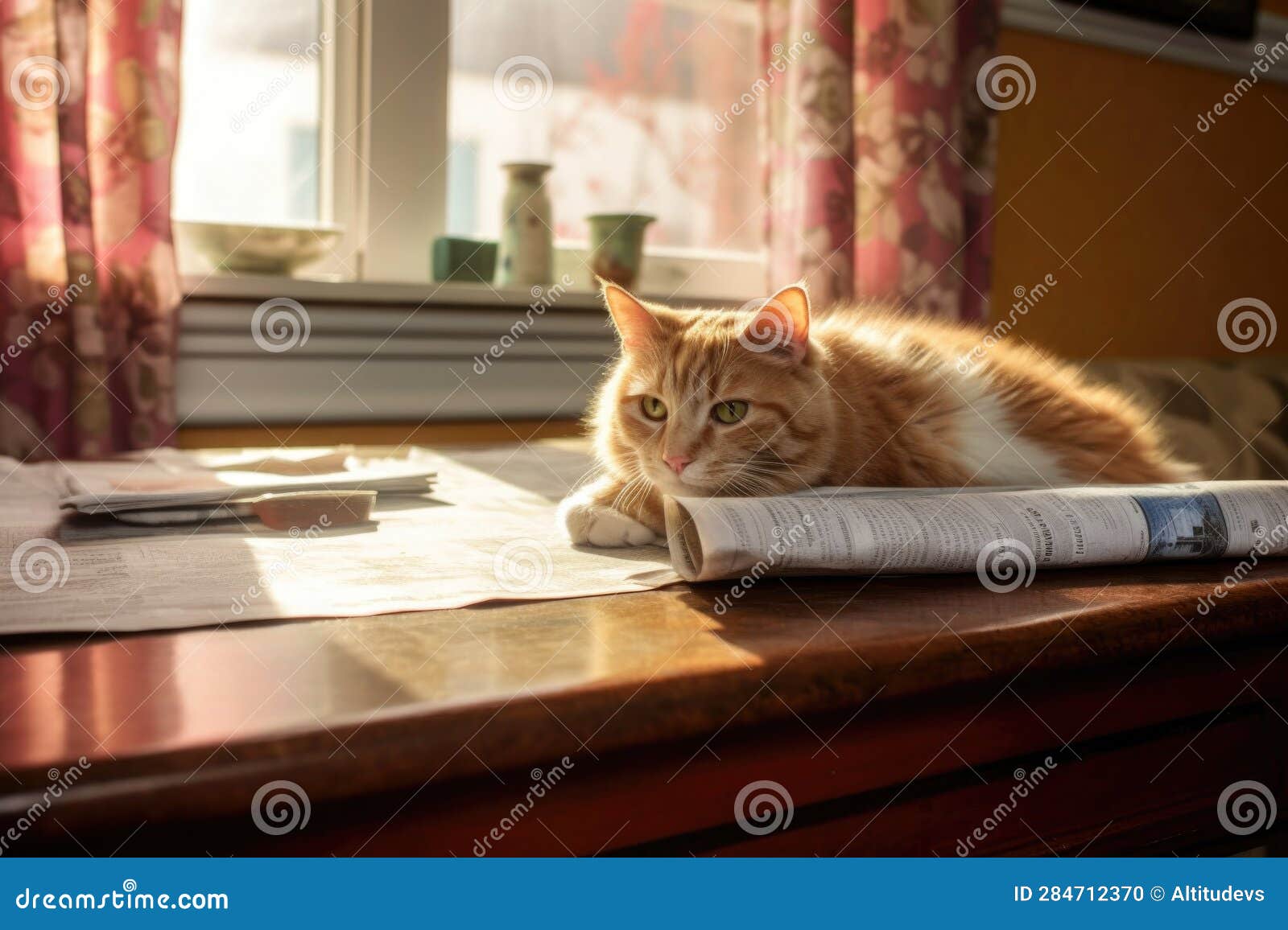 Cat Stretching Next To Morning Newspaper on Table Stock Photo - Image ...