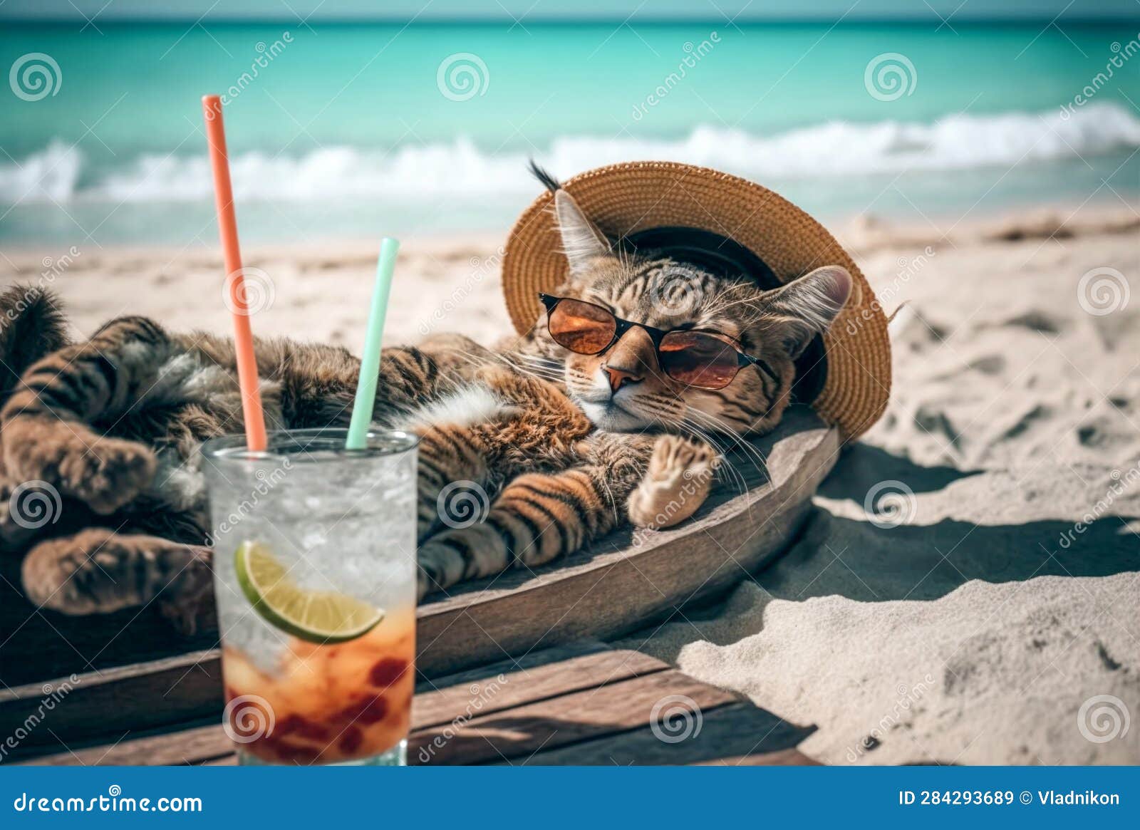 Cat in Sunglasses Lying Sunbathing on the Beach Stock Image - Image of ...