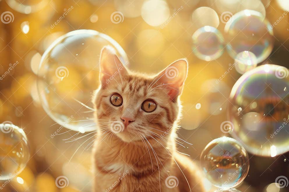 Cat Surrounded by Soap Bubbles. Kitten Playing with Soap Bubbles Stock Illustration ...