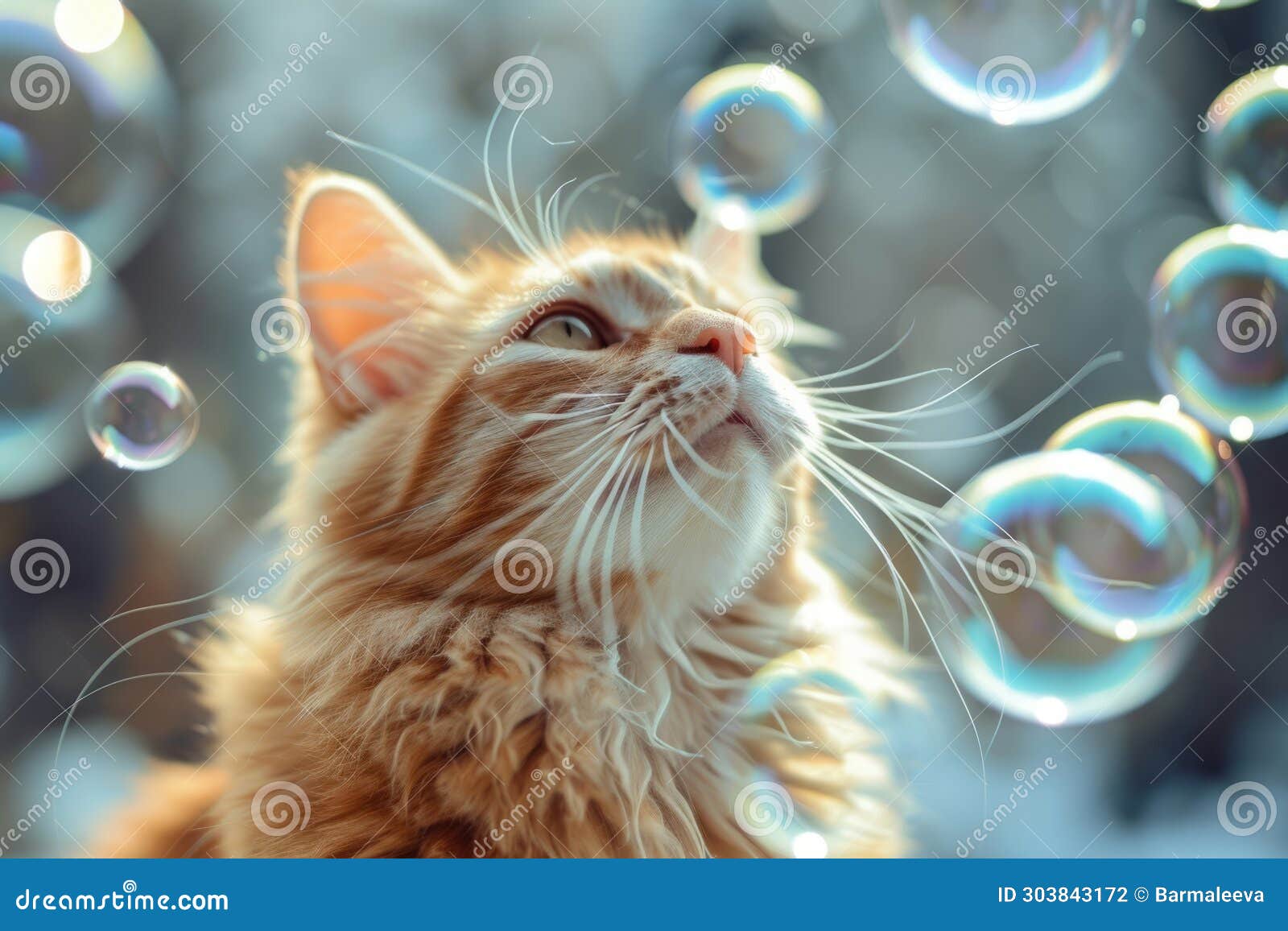 Cat Surrounded by Soap Bubbles. Kitten Playing with Soap Bubbles Stock ...