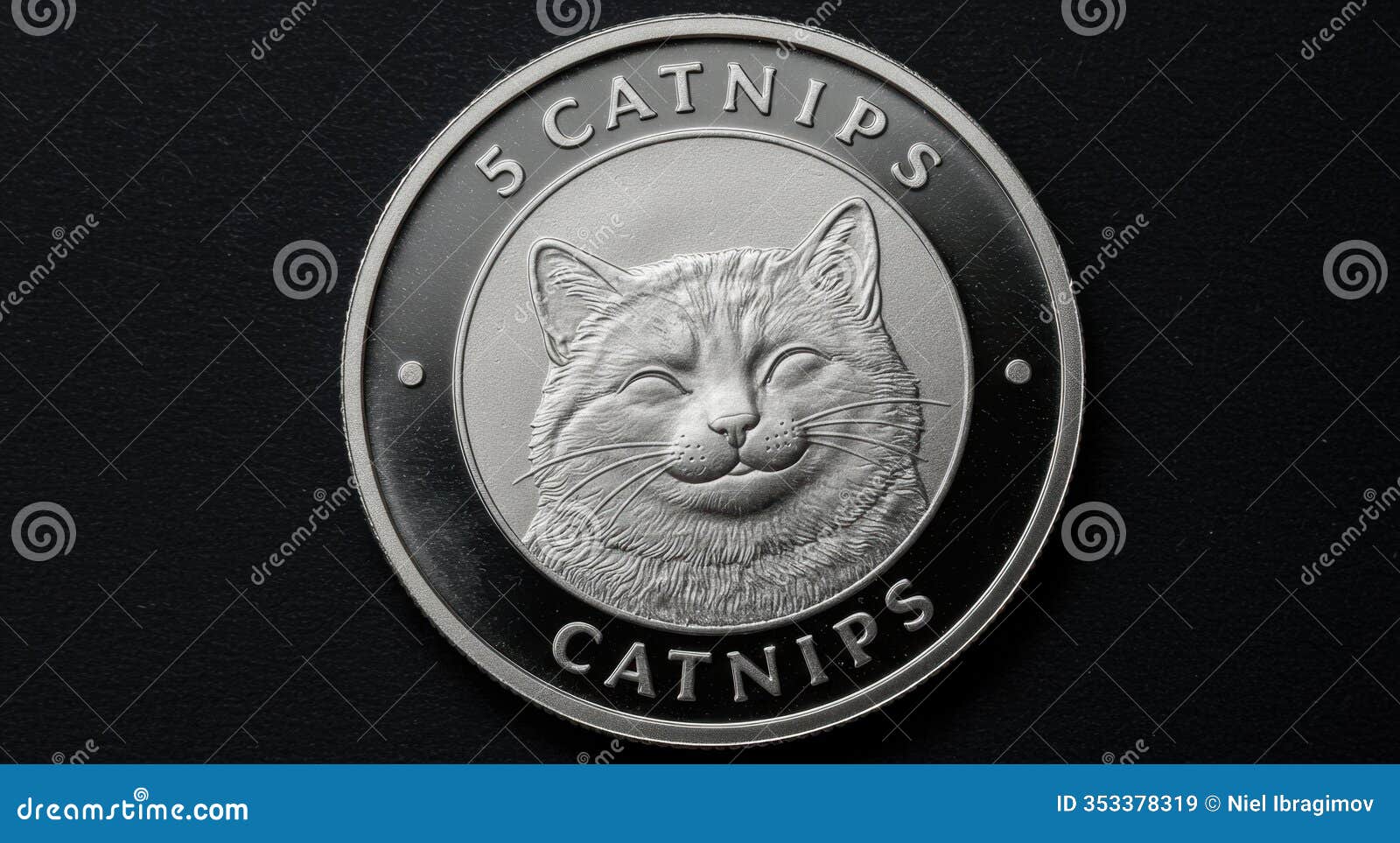 Cat-themed Coin Design with Smiling Cat Engraving on Dark Background ...
