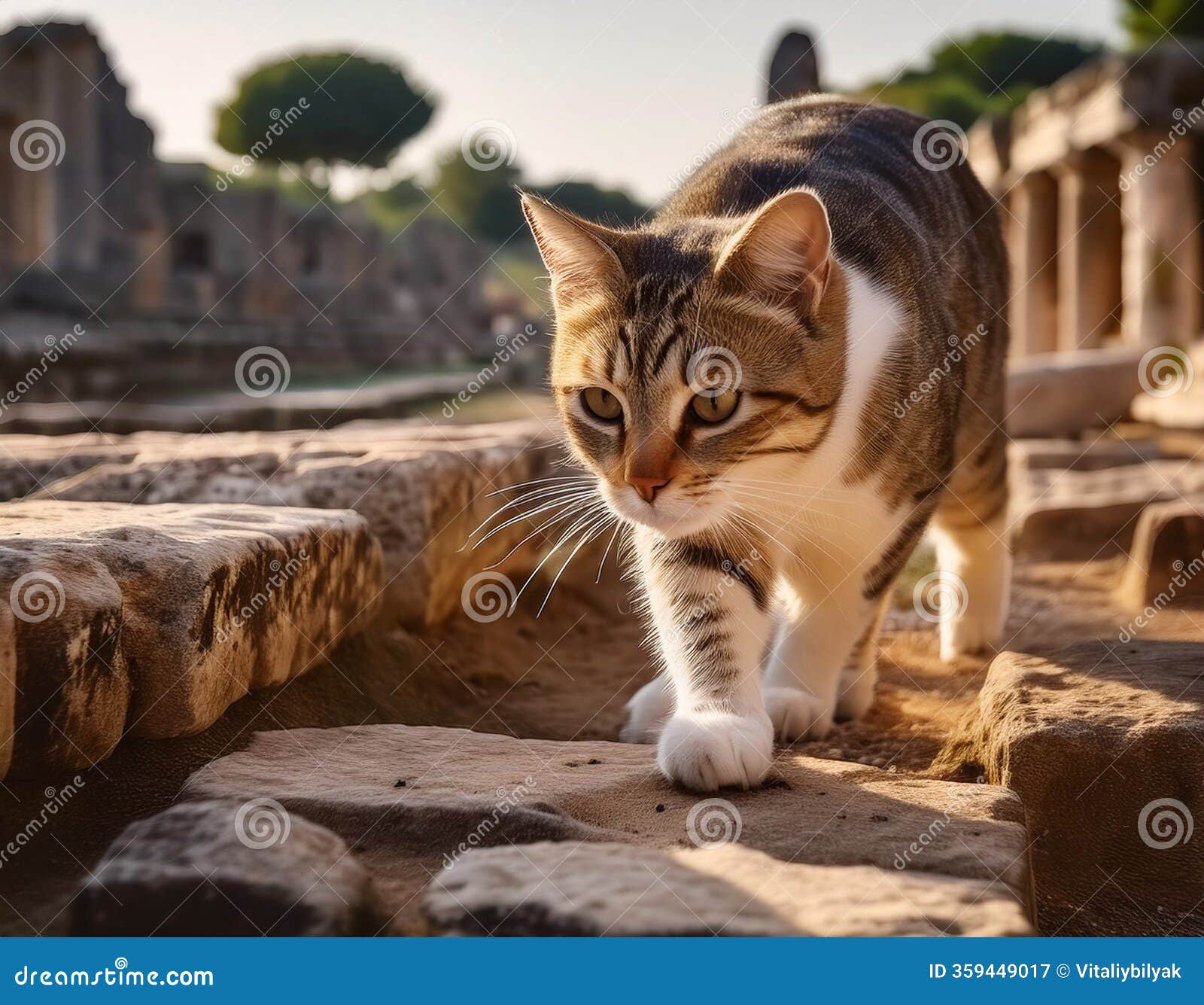 A Cat Tiptoeing Delicately Over a Patch of Ancient Ruins on a Quiet ...