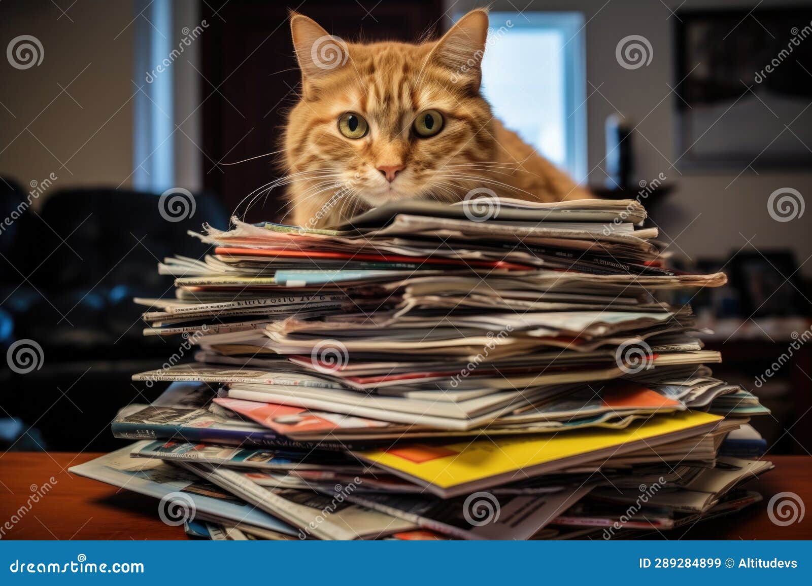 Cat Toppling a Stack of Magazines on a Coffee Table Stock Image - Image ...