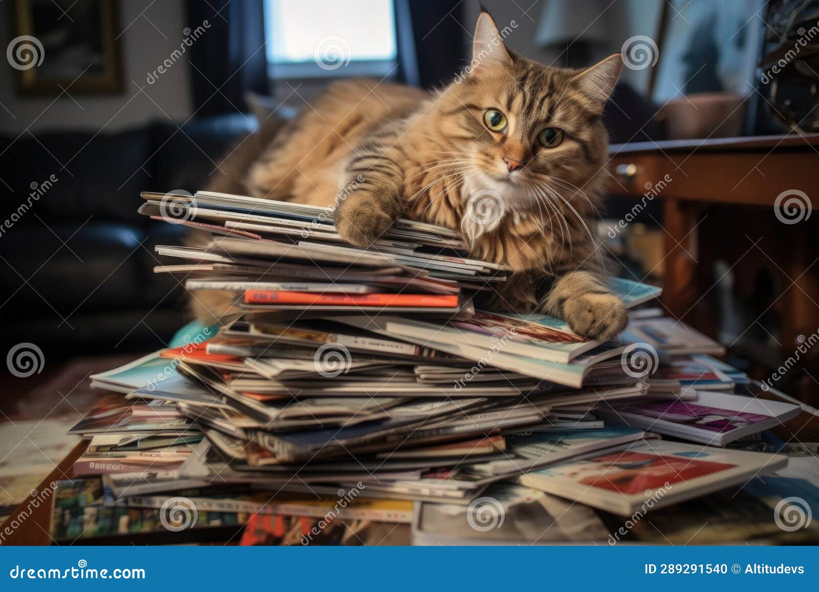 Cat Toppling a Stack of Magazines on a Coffee Table Stock Photo - Image ...