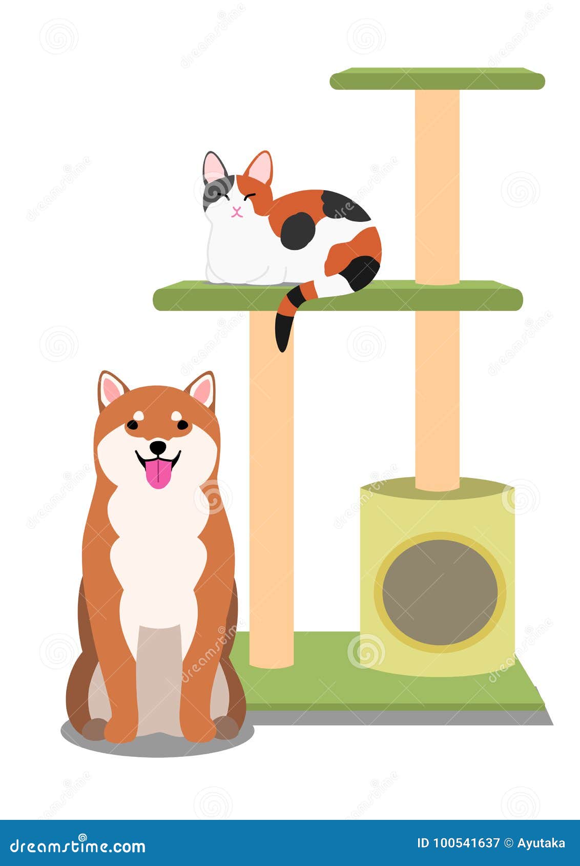 Cat on Cat Tower and Sitting Dog Stock Vector - Illustration of body ...
