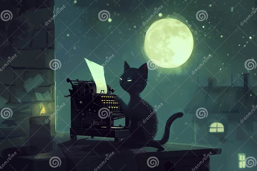 Cat on Typewriter Under Moonlight Typing a Message Stock Illustration ...