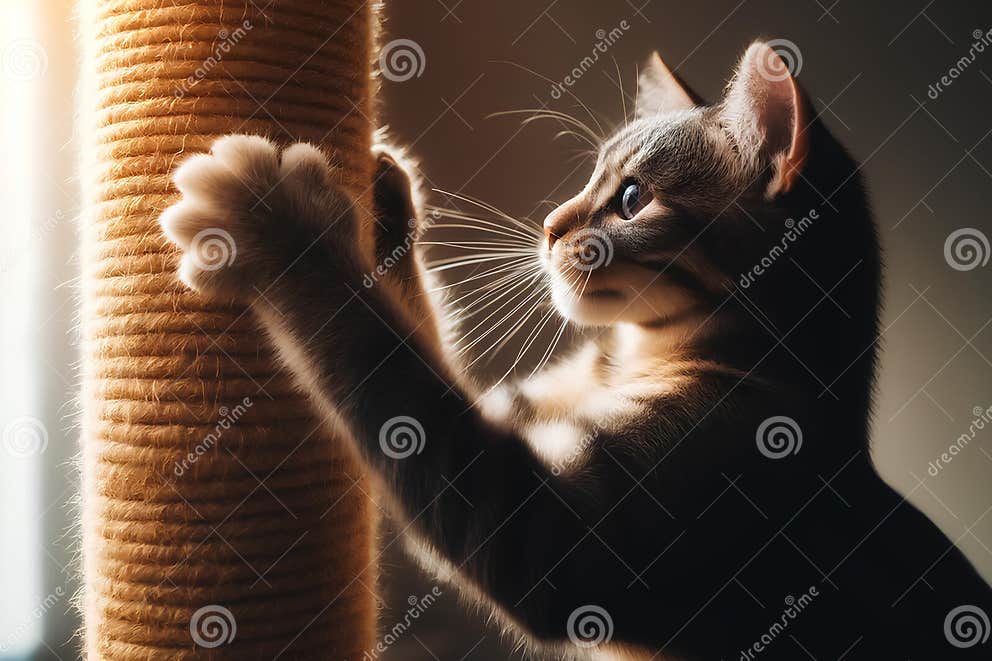 A Cat Using a Scratching Post, Side View Stock Illustration ...