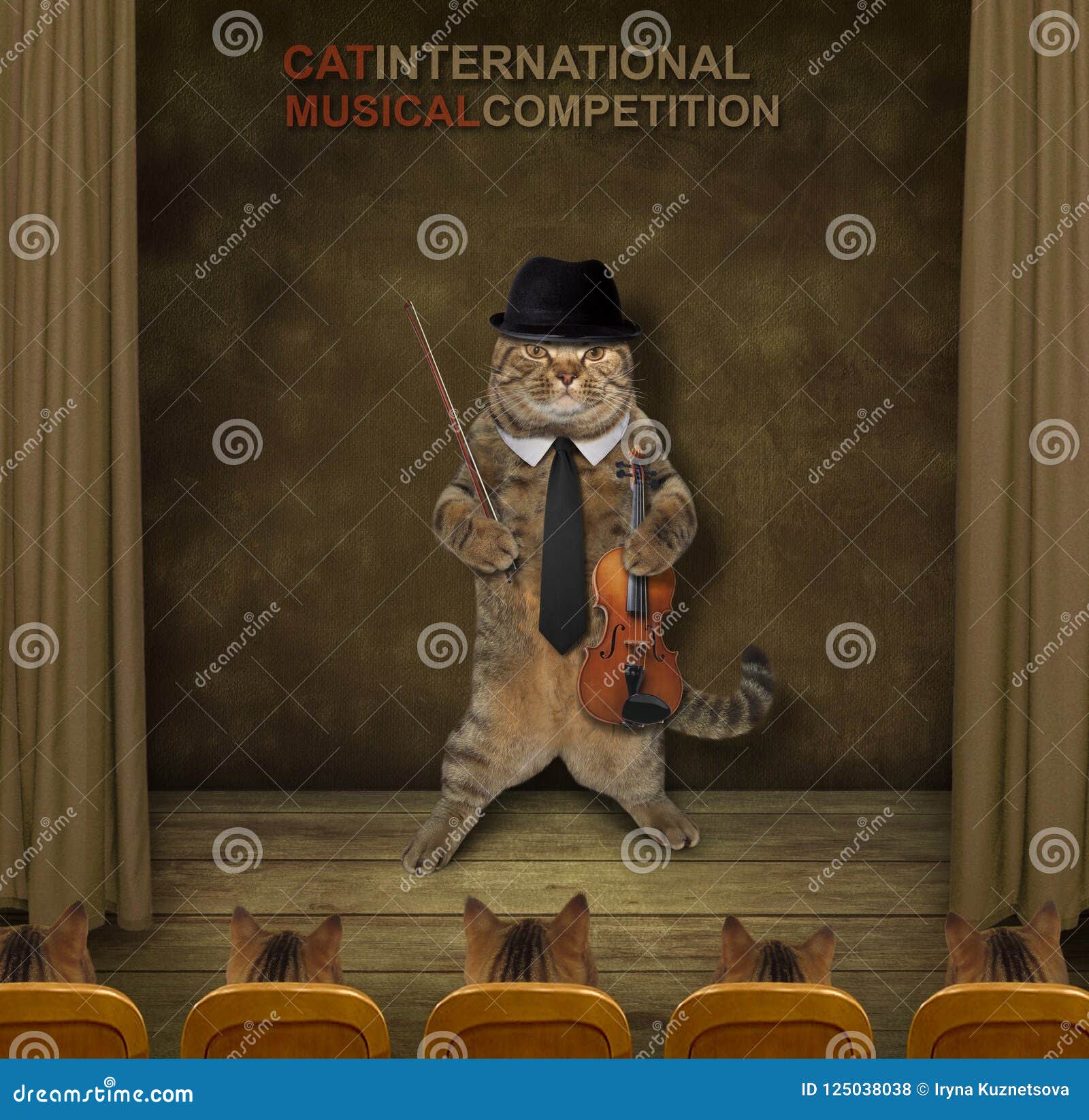 Cat violinist on stage stock photo. Image of audience - 125038038