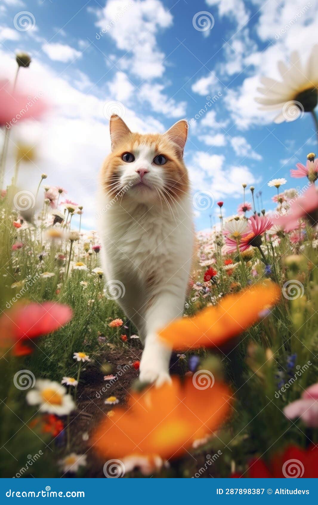 Cat Walking through a Field of Flowers, Low Angle Shot Stock ...