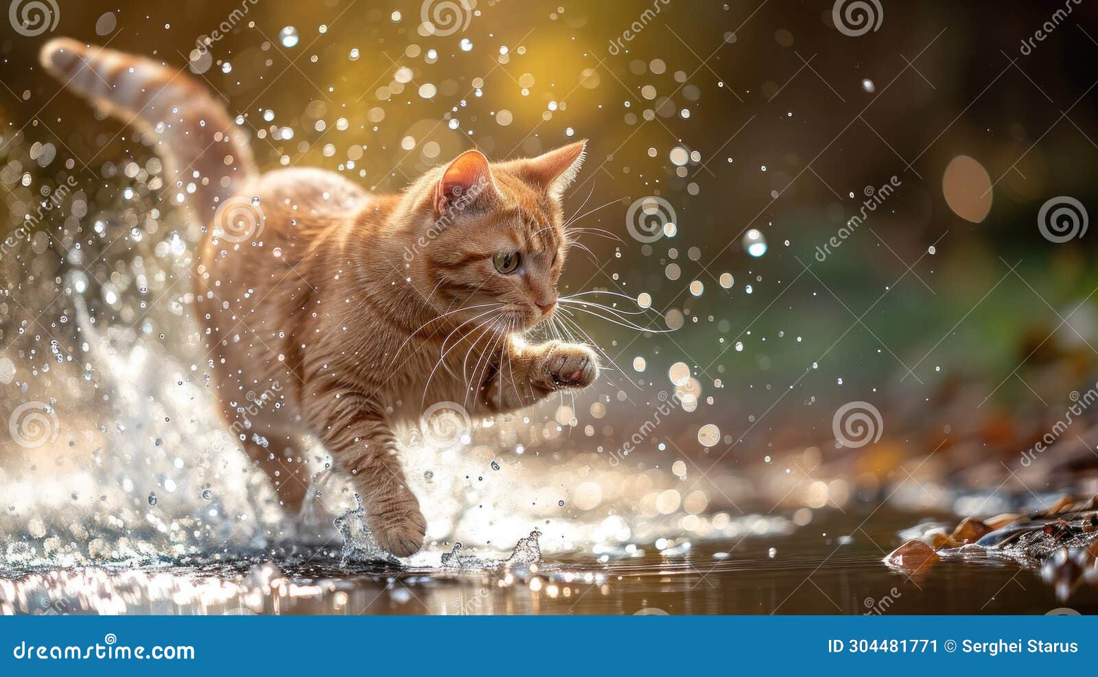 A Cat Walking through a Puddle of Water in the Woods, AI Stock Image ...