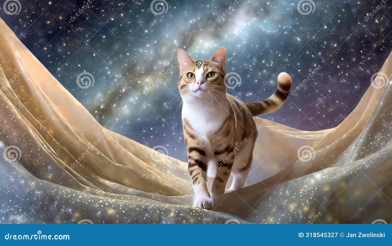Cat Walking on Satin Fabric with Milky Way in Background Stock Image ...