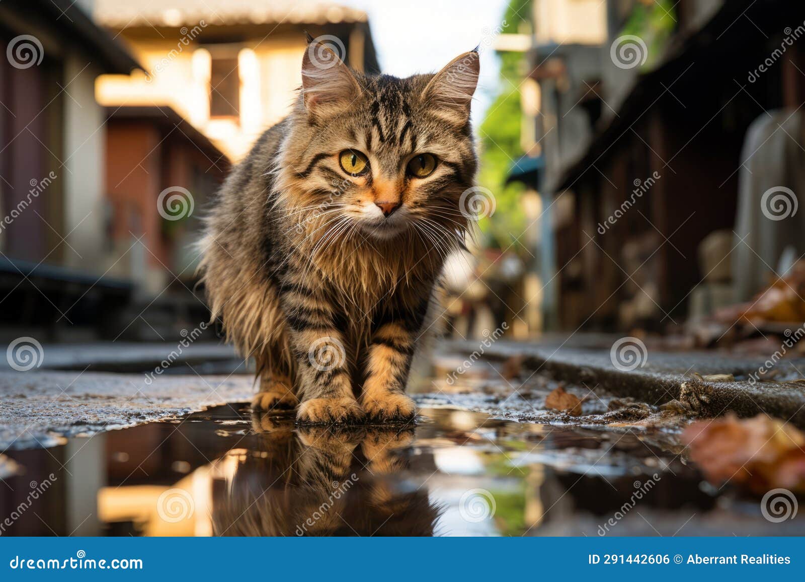 A Cat Walking on a Street with Water Puddles Stock Illustration ...