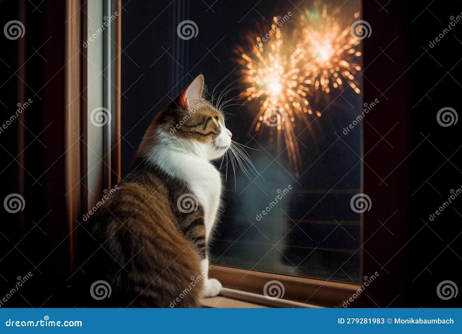 Cat Watching Fireworks through Window. Generative AI Stock Illustration ...