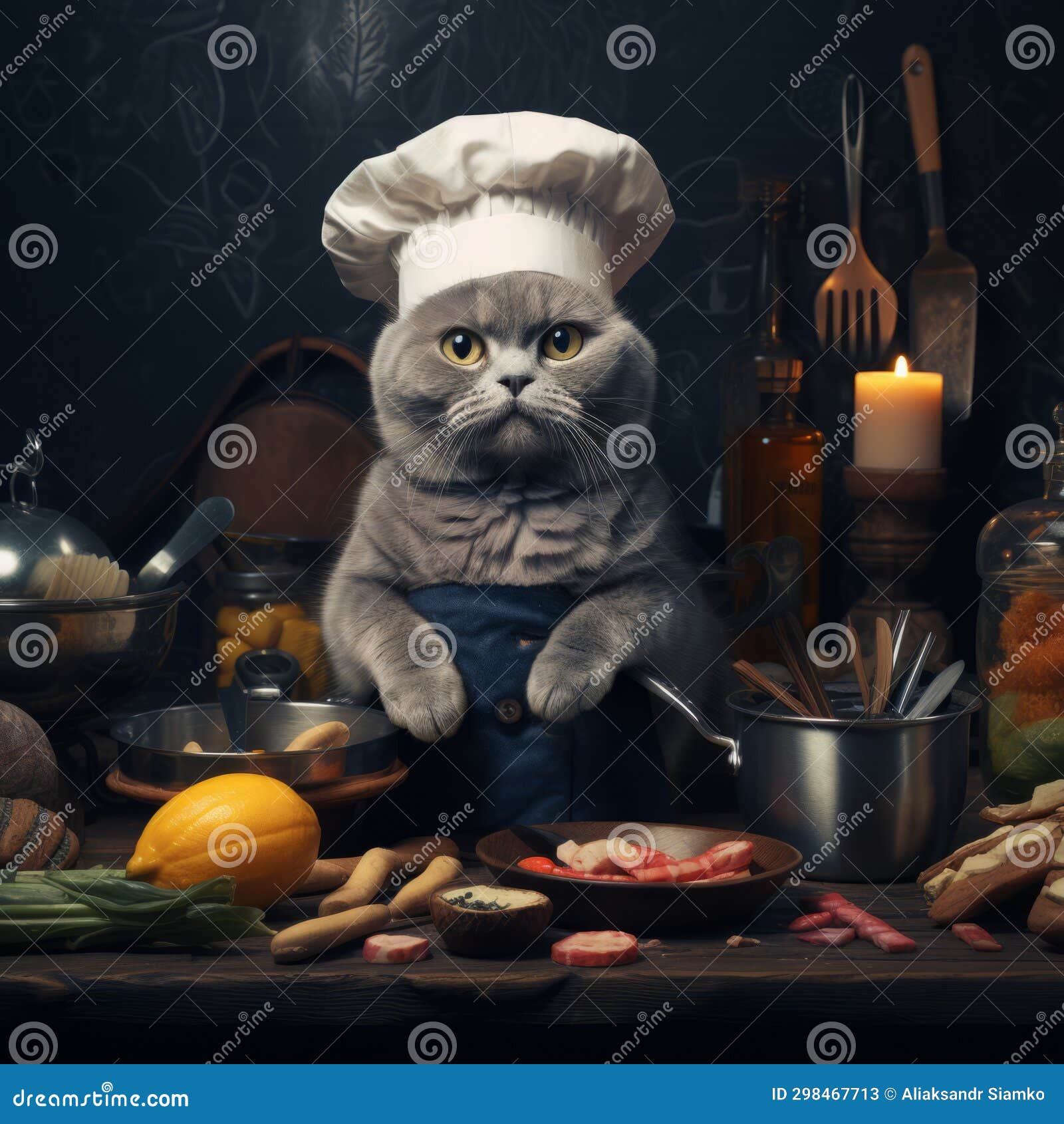 A Cat Wearing a Chef Hat and Apron Standing in Front of a Table with ...