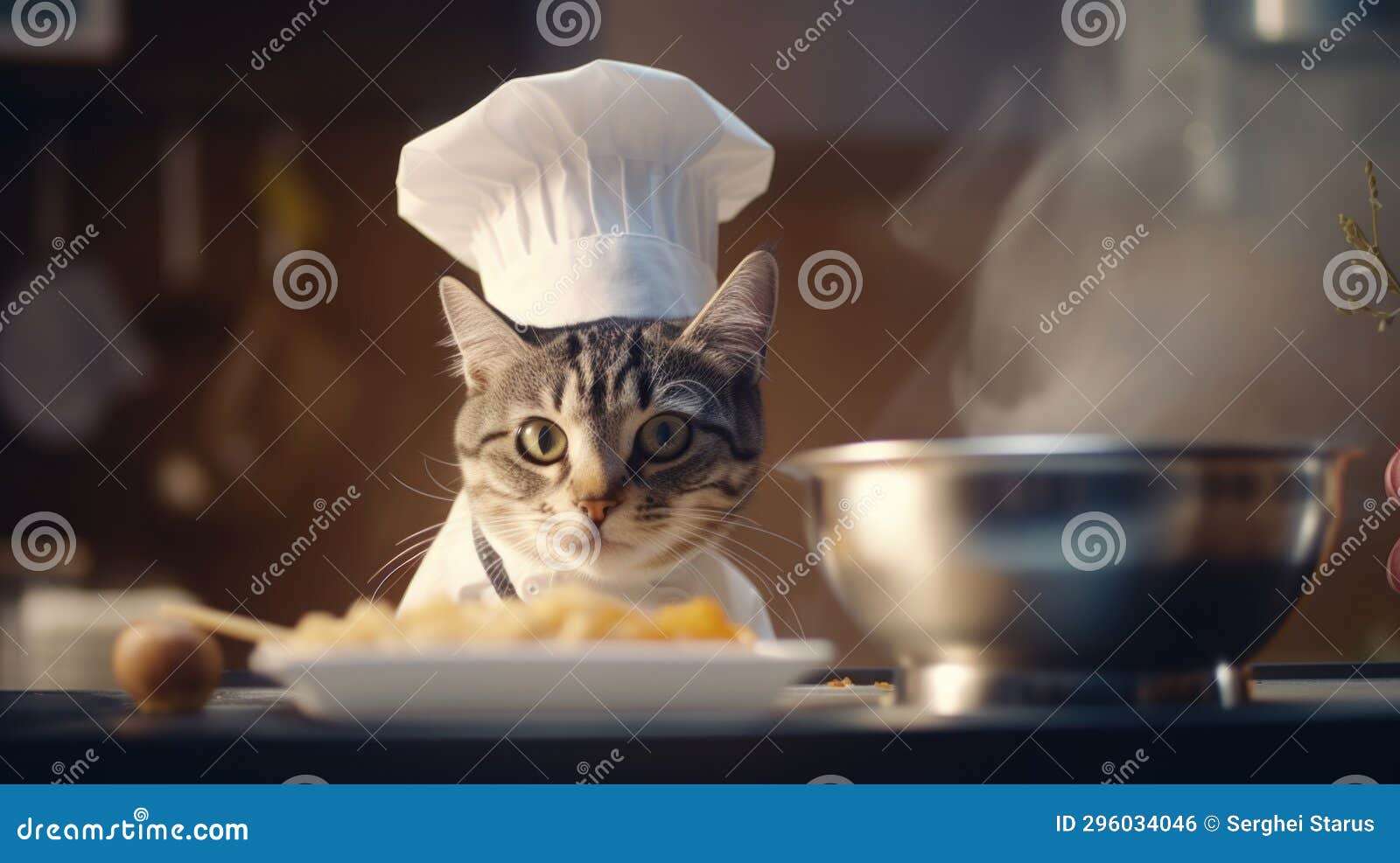 A Cat Wearing a Chef Hat is Sitting in Front of Food, AI Stock Photo ...