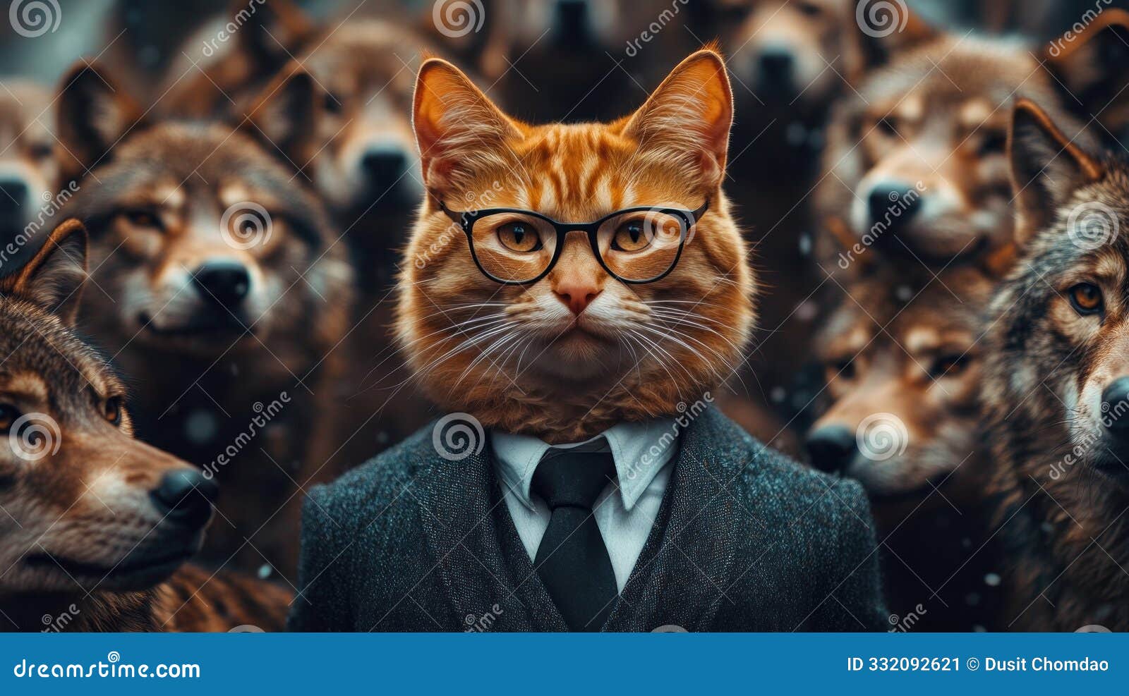A Cat Wearing Glasses and a Suit Stands in Front of a Pack of Wolves ...