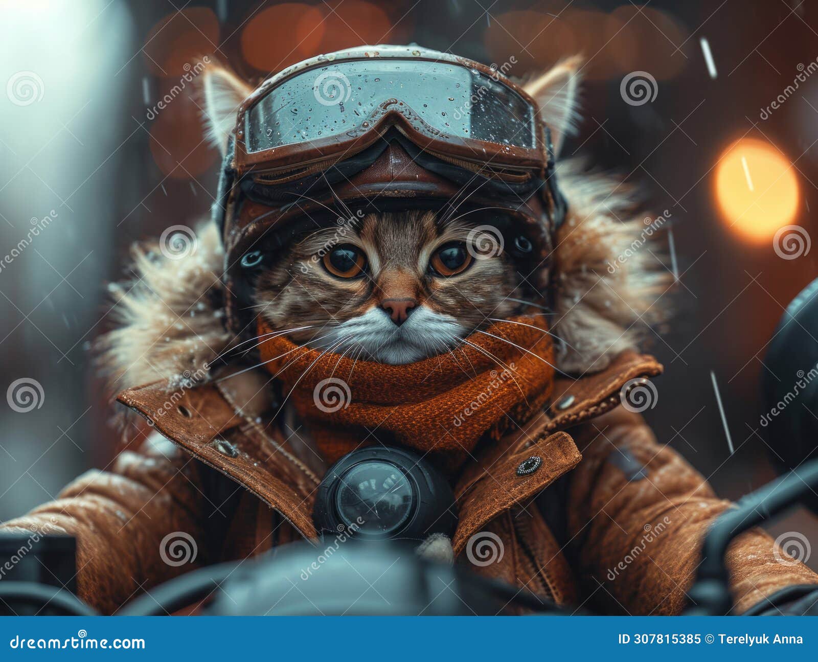 Cat Wearing Helmet and Scarf Riding a Motorcycle. Stock Illustration ...