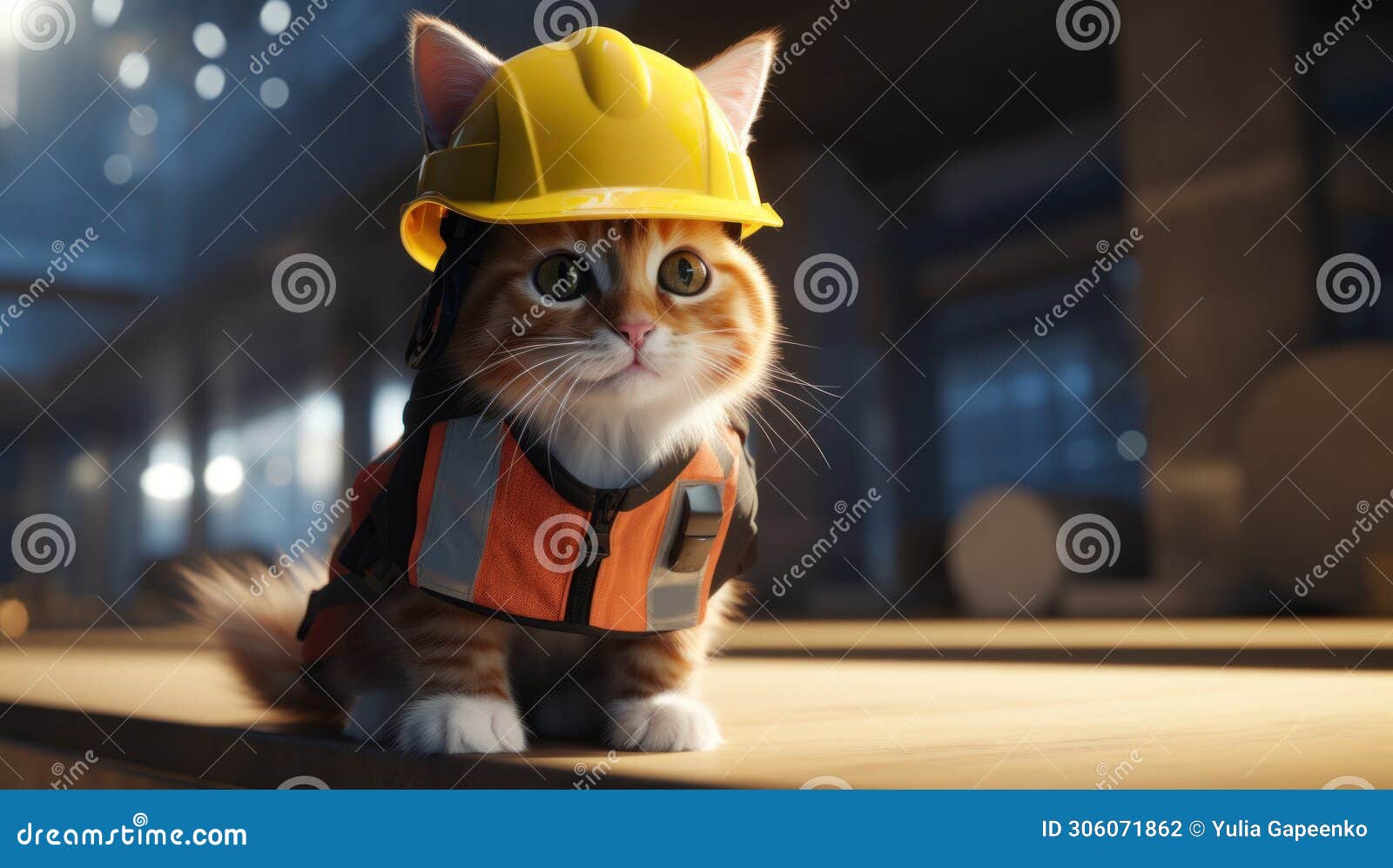 A Cat Wearing an Orange and Yellow Hard Hat Stock Photo - Image of ...