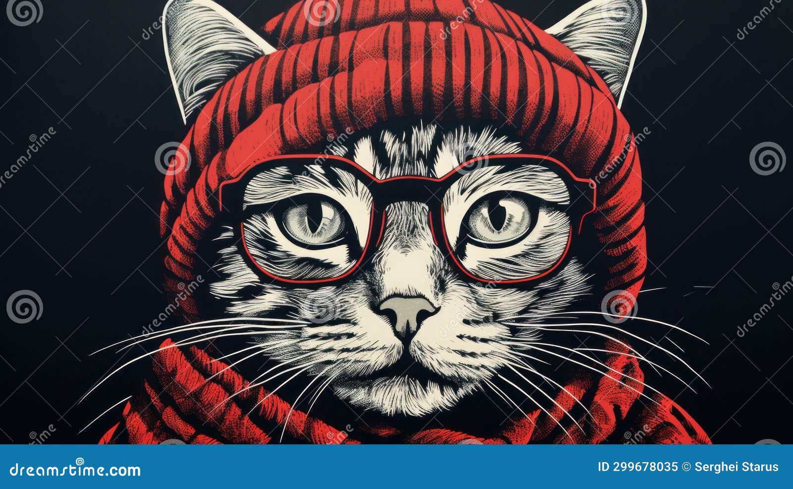 A Cat Wearing a Red Hat and Glasses, AI Stock Illustration ...
