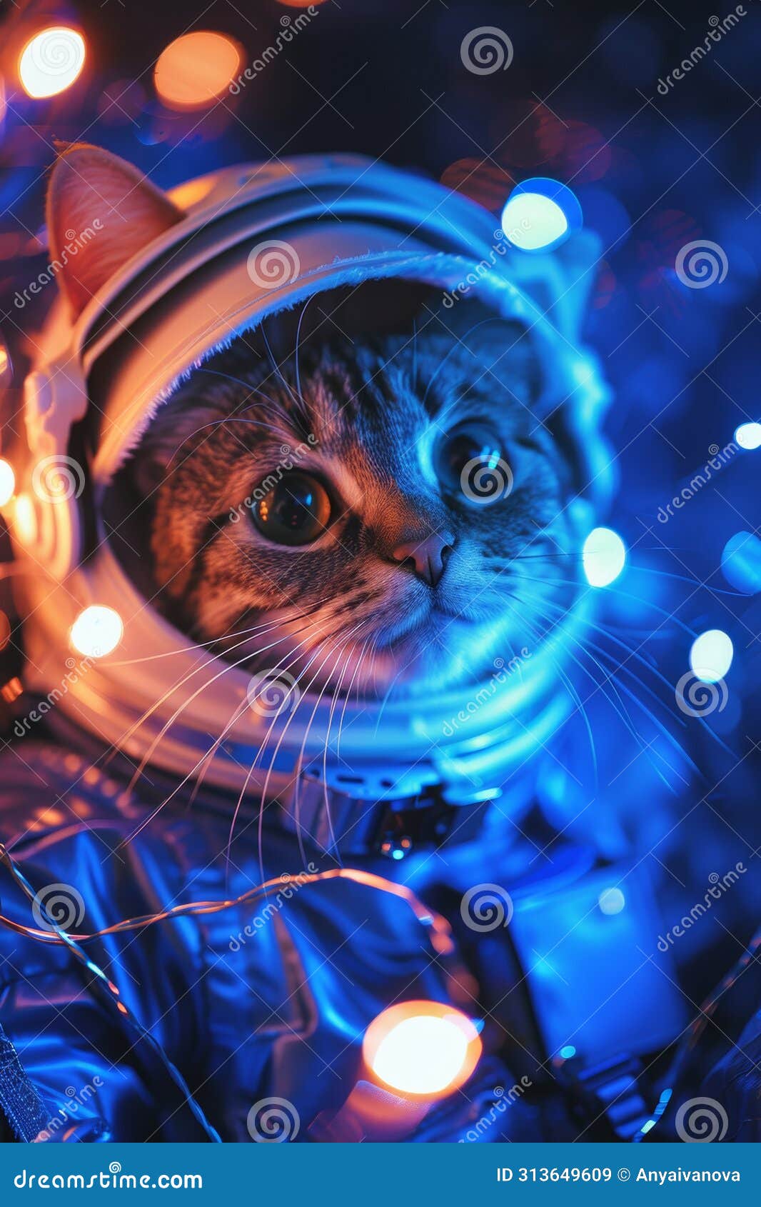 A Cat Wearing a Space Suit with Lights in the Background Stock Image ...