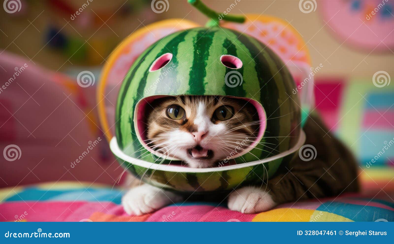 A Cat Wearing a Watermelon Shaped Hat on Top of a Bed, AI Stock Image ...