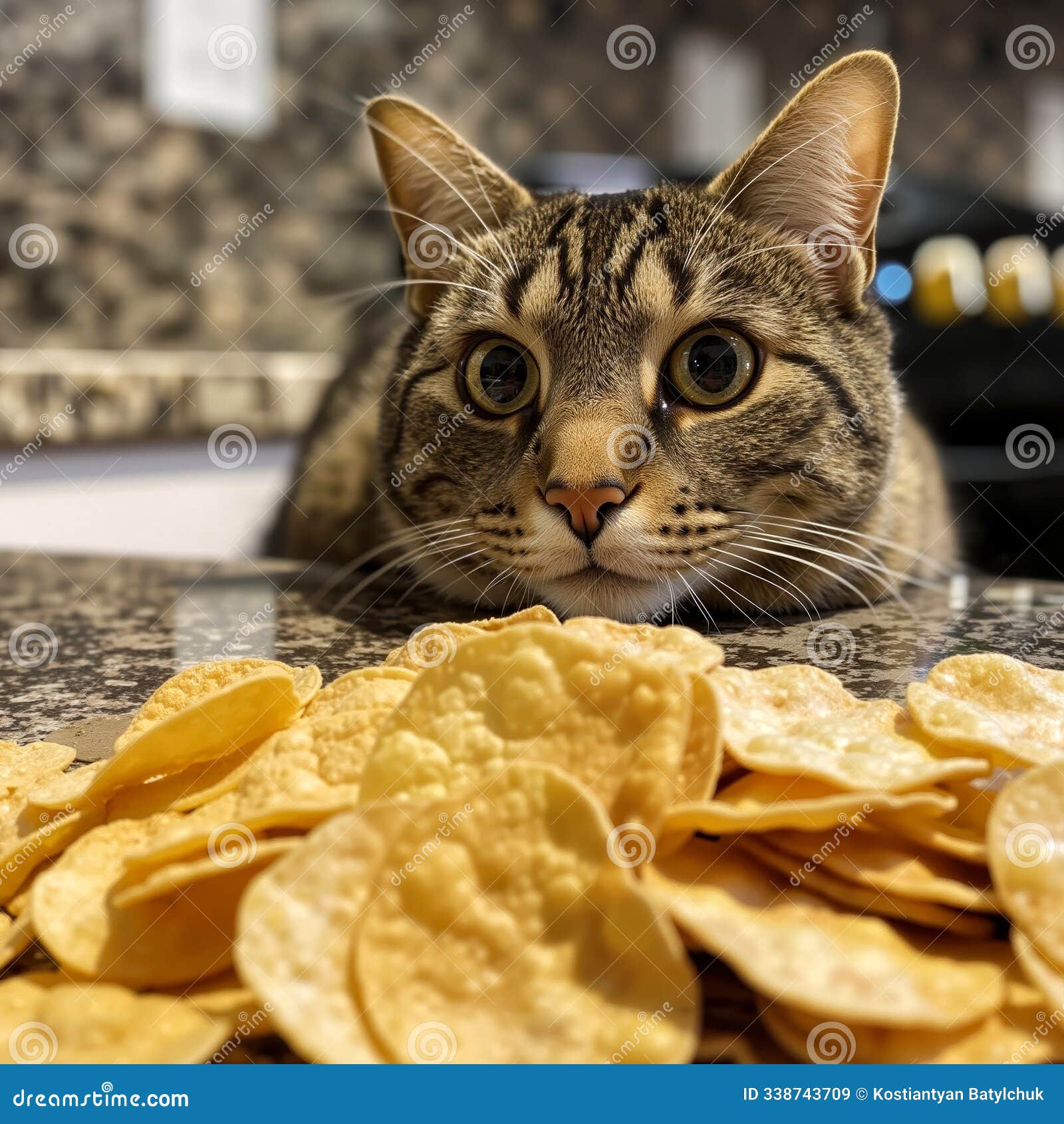 A Cat Sitting on Top of a Pile of Chips Stock Image - Image of tortilla ...